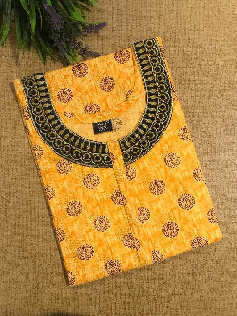 Neck Embroidery Cotton Churidar Cut Nighty - PR Nighties