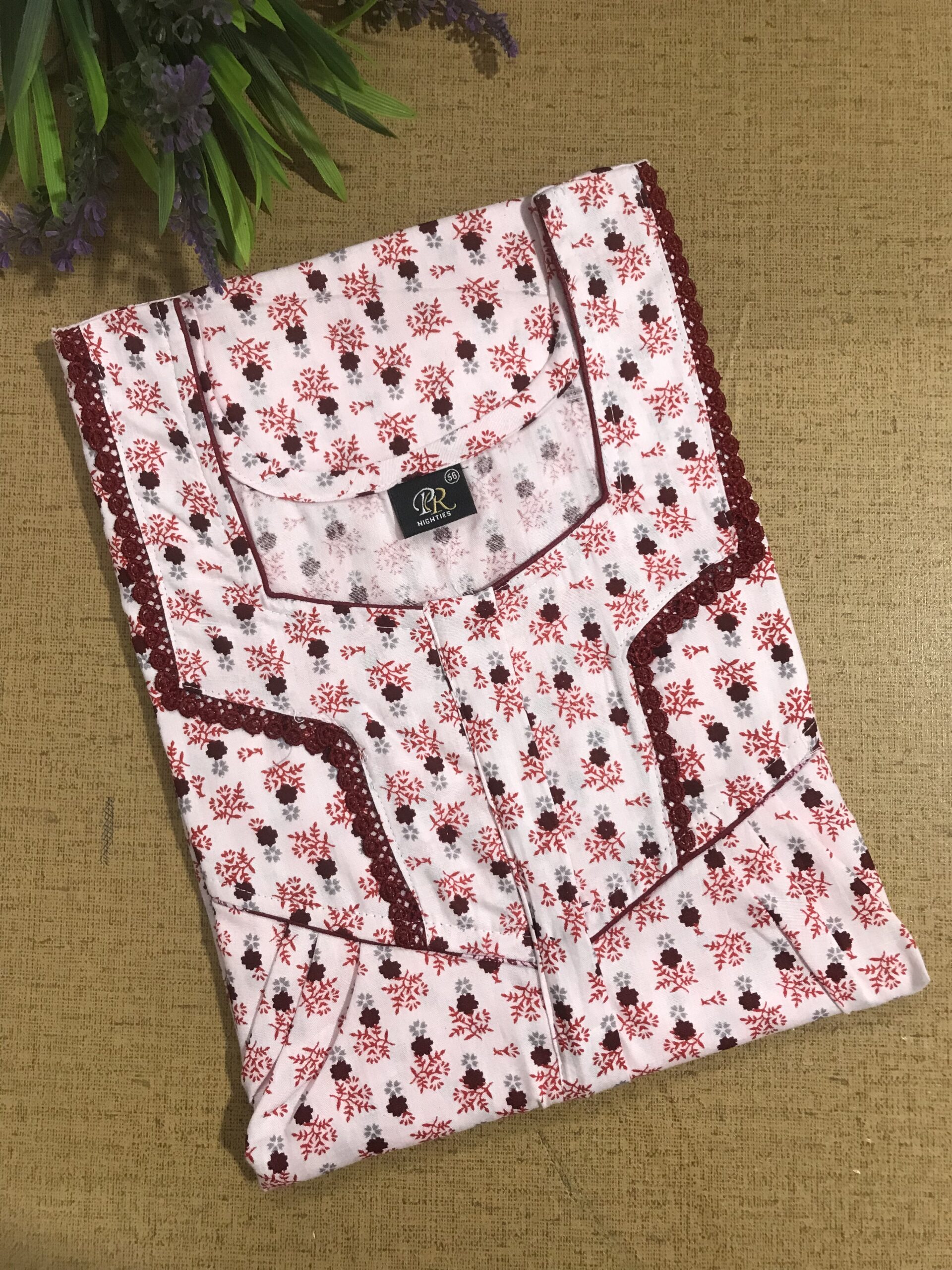 Square Neck Premium Cotton Pleated Nighty With Matching Lace And Centre ...