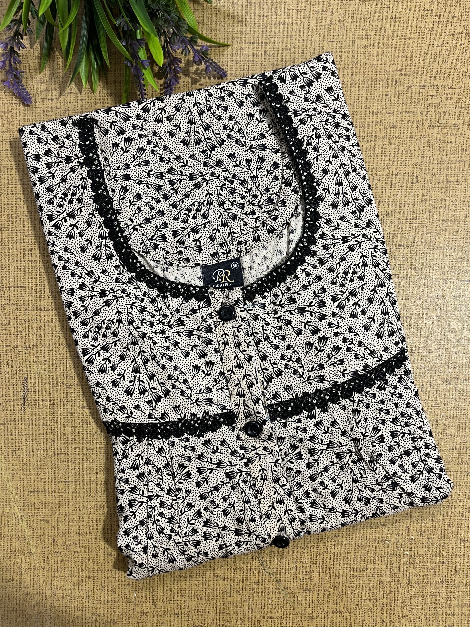 Cotton Round Neck Button Open Pleated Nighty With Lace - PR Nighties