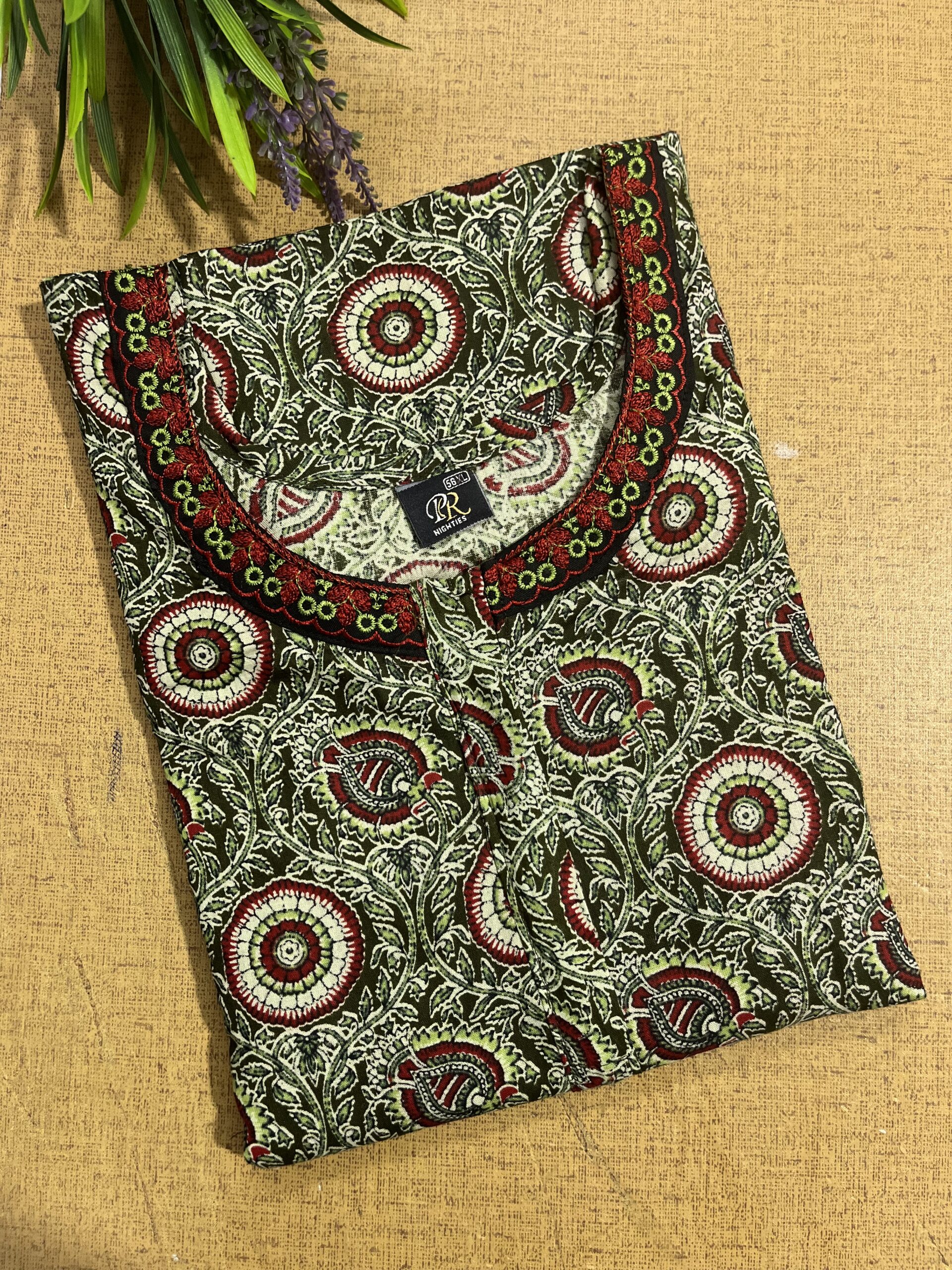 Neck Embroidery Cotton Churidar Cut Nighty - PR Nighties