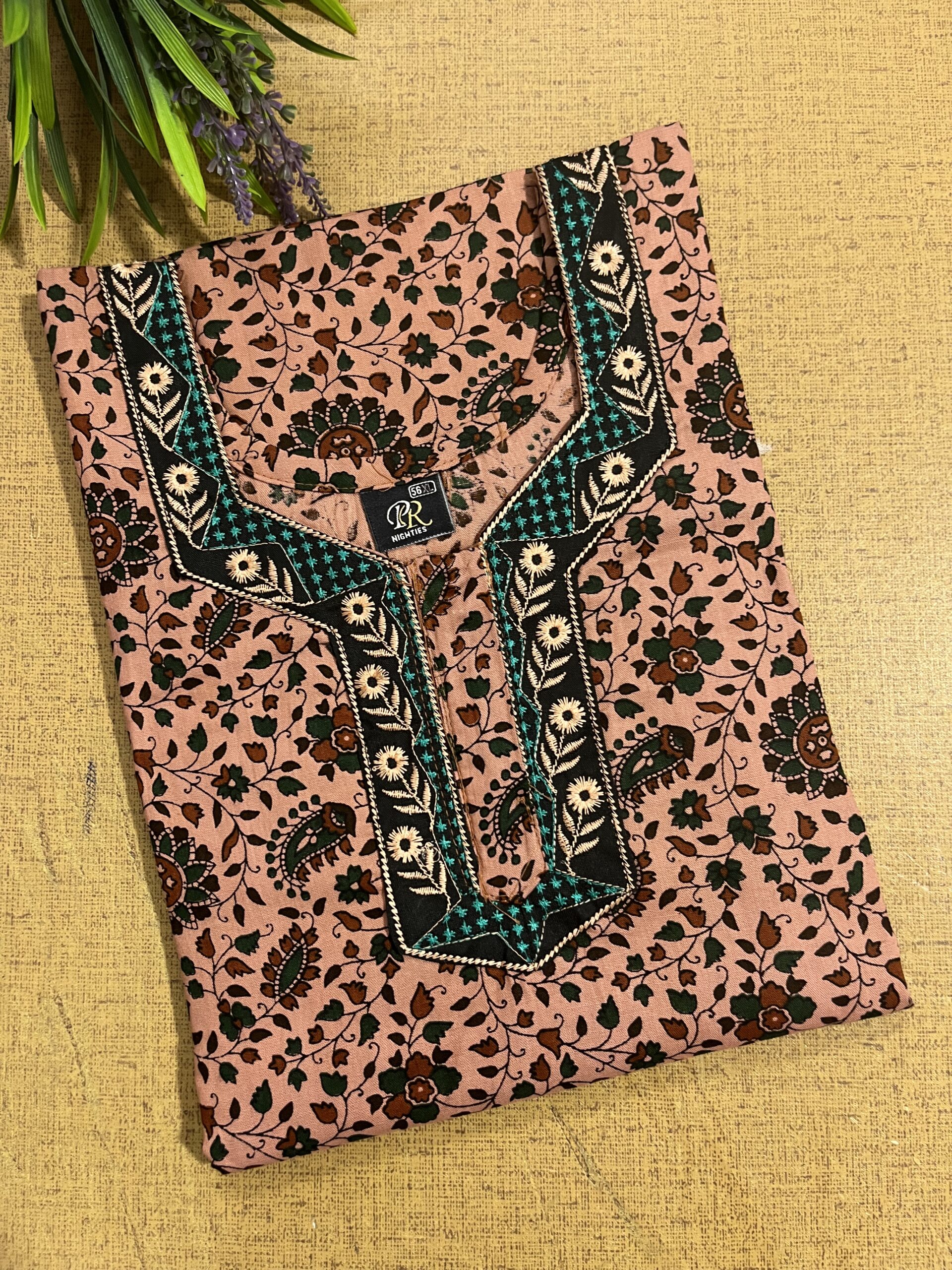 Neck Embroidery Cotton Churidar Cut Nighty - PR Nighties