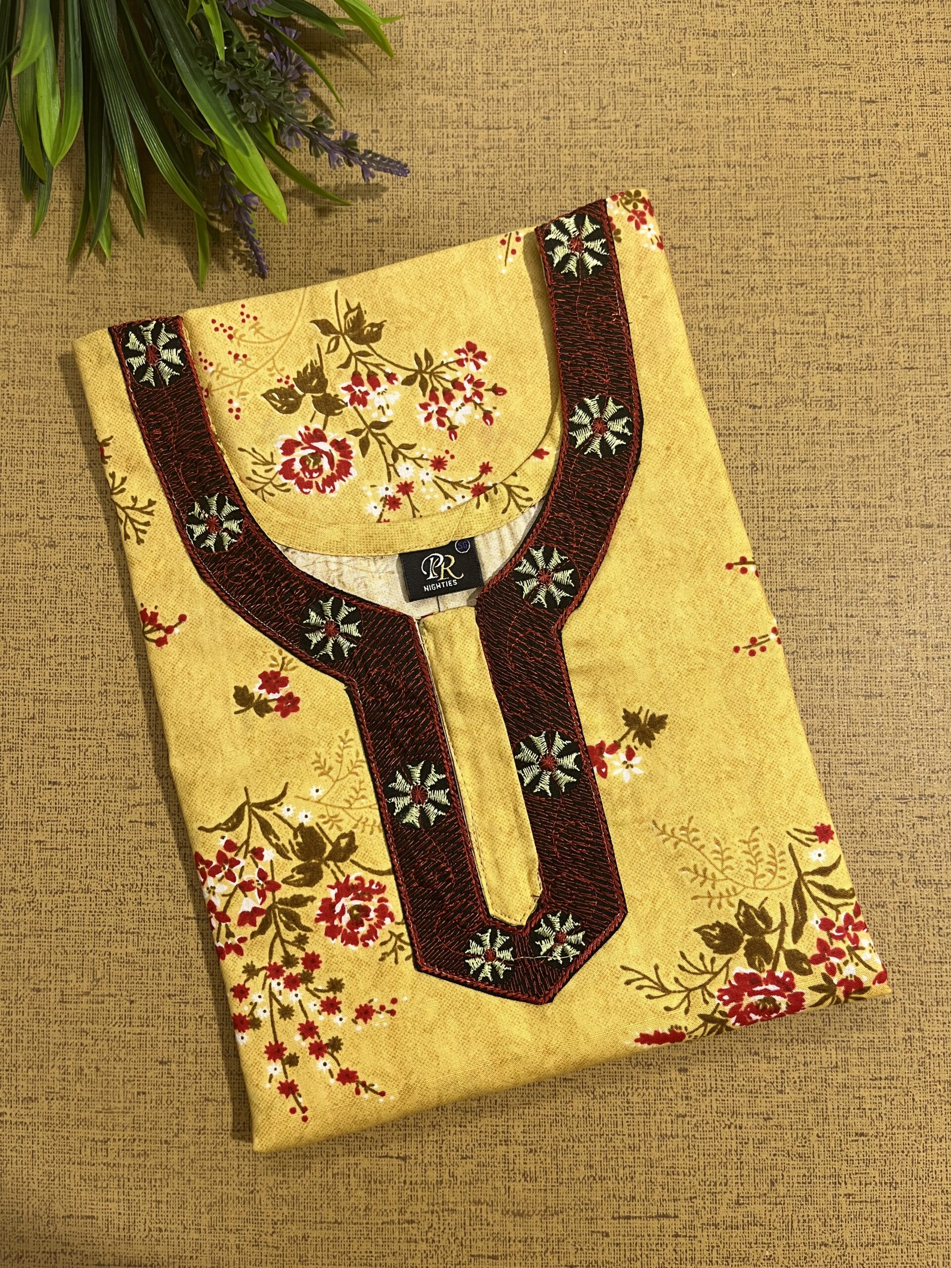 Neck Embroidery Cotton Churidar Cut Nighty - PR Nighties