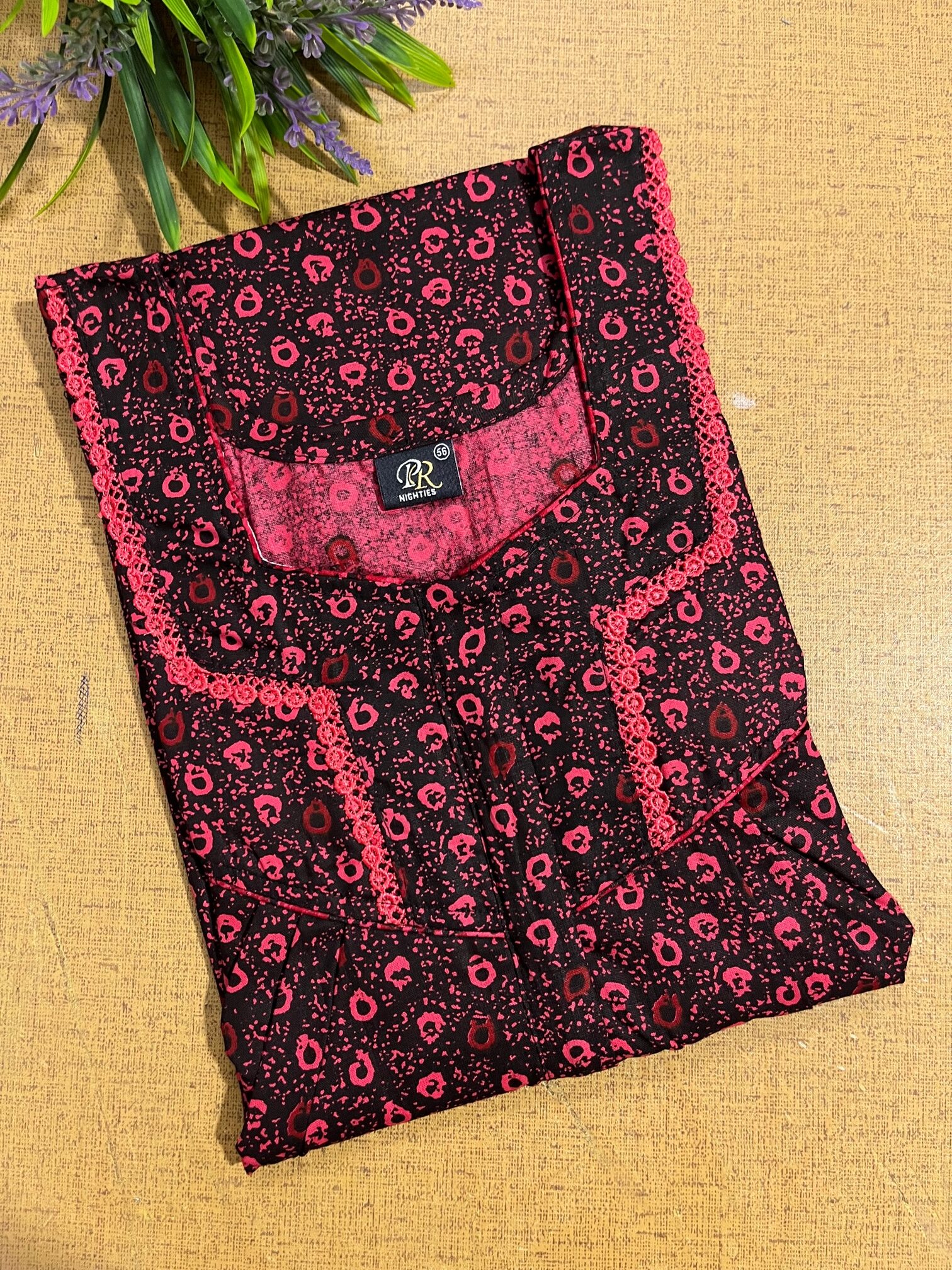 Square Neck Premium Cotton Pleated Nighty With Matching Lace And Centre ...