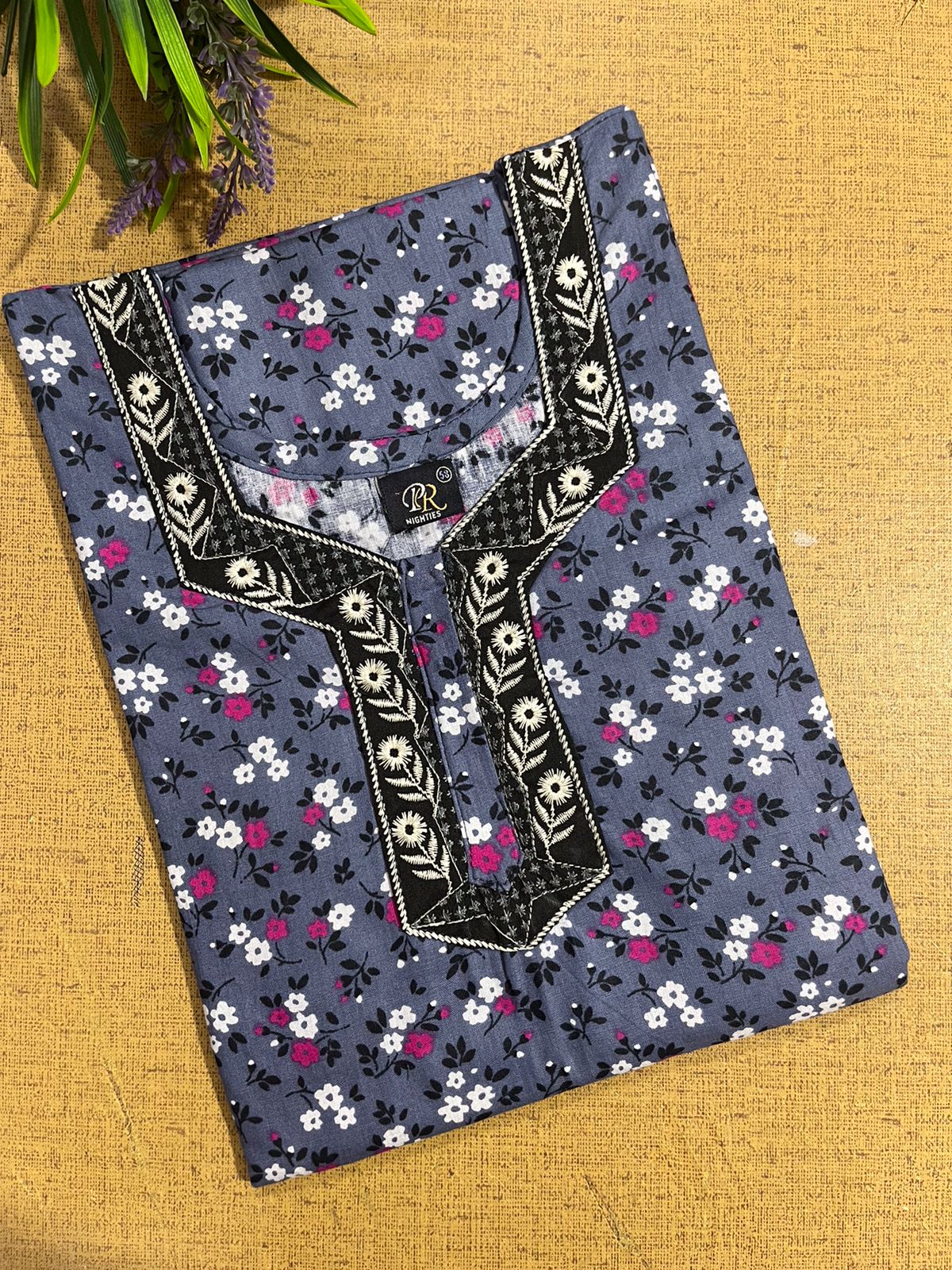 Neck Embroidery Cotton Churidar Cut Nighty - PR Nighties