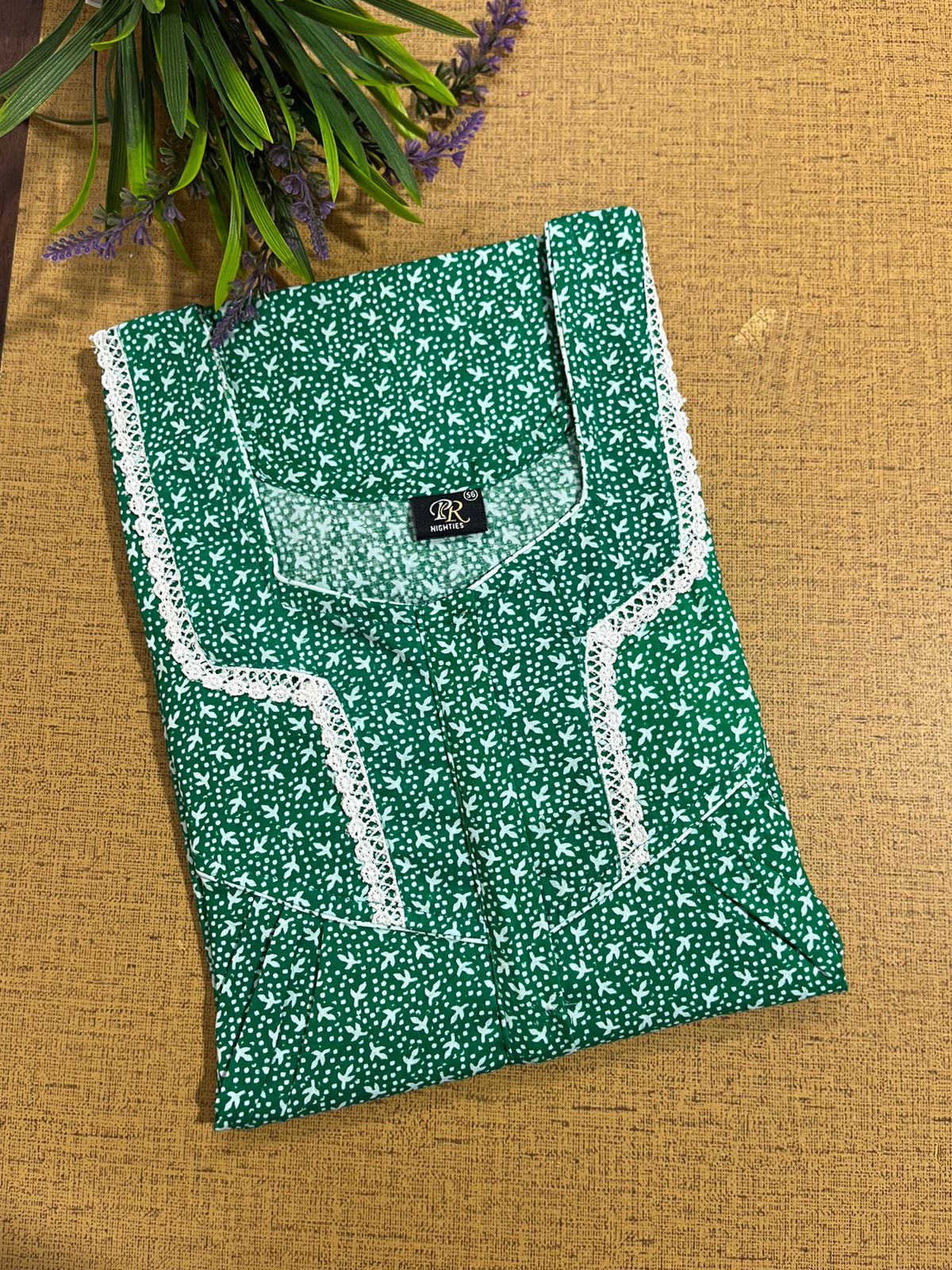 Square Neck Premium Cotton Pleated Nighty With Matching Lace And Centre ...