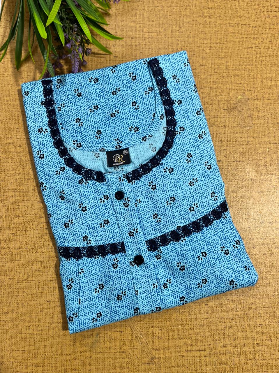 Cotton Round Neck Button Open Pleated Nighty With Lace - PR Nighties