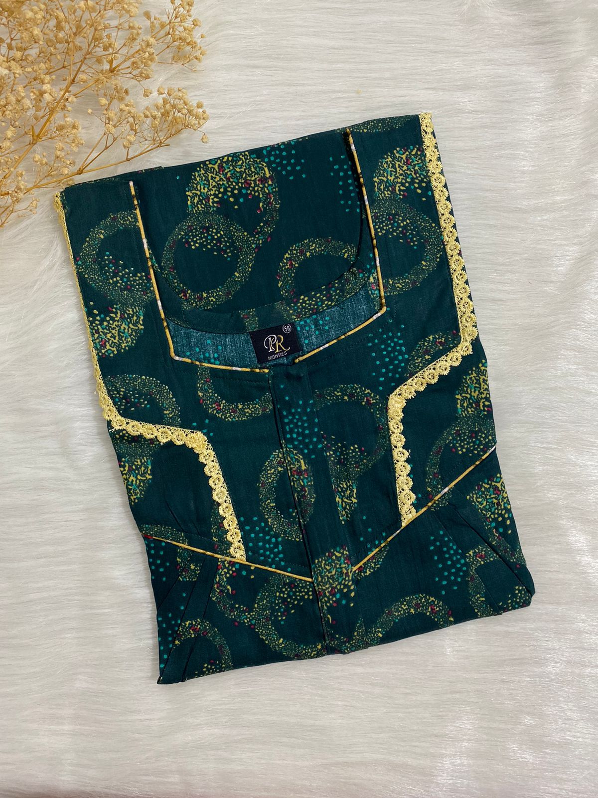 Square Neck Premium Cotton Pleated Nighty With Matching Lace And Centre ...