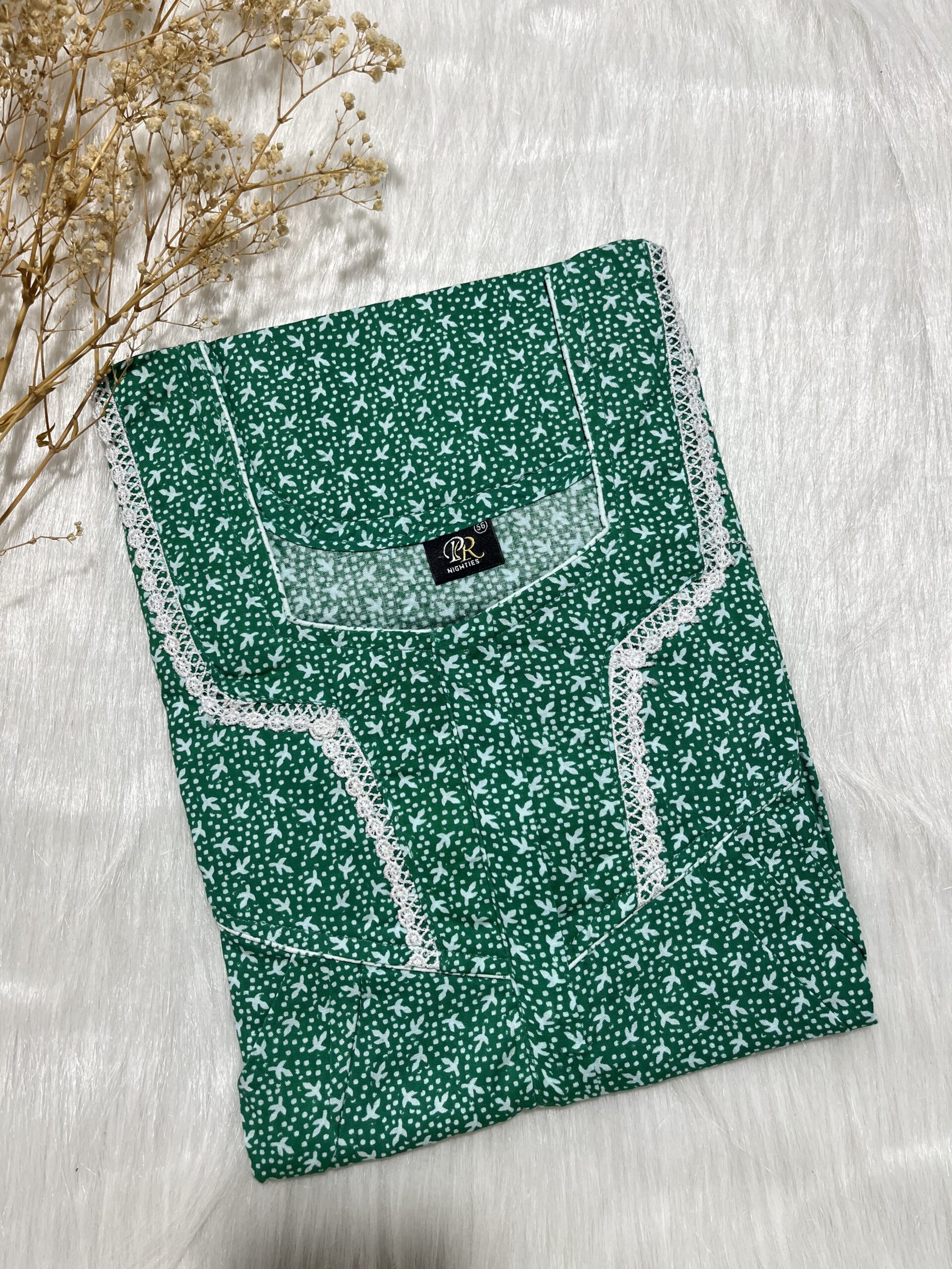 Square Neck Premium Cotton Pleated Nighty With Matching Lace And Centre ...