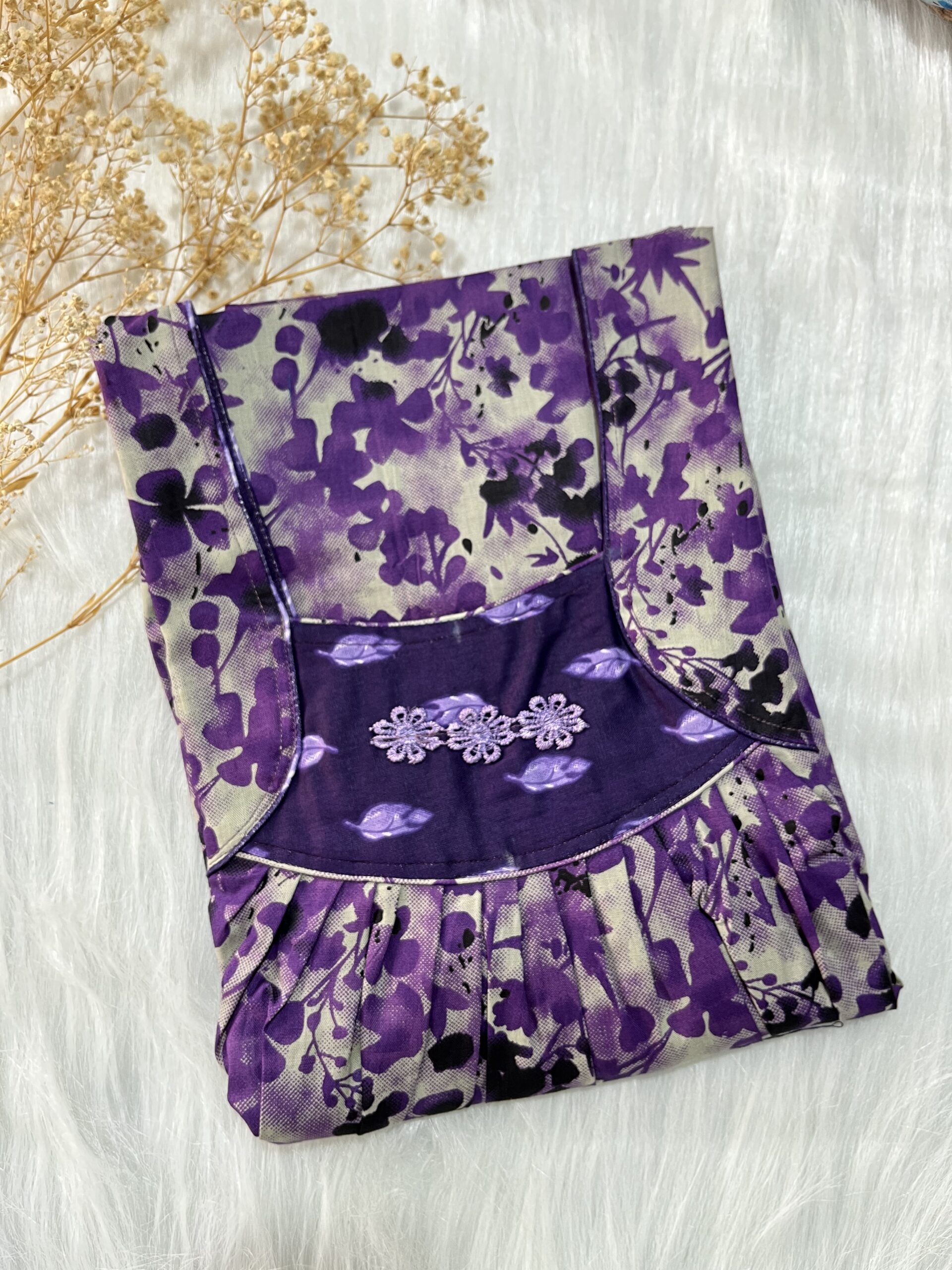 Three Flower Front and Back Pleated Cotton Nighty with Low Neck - PR ...