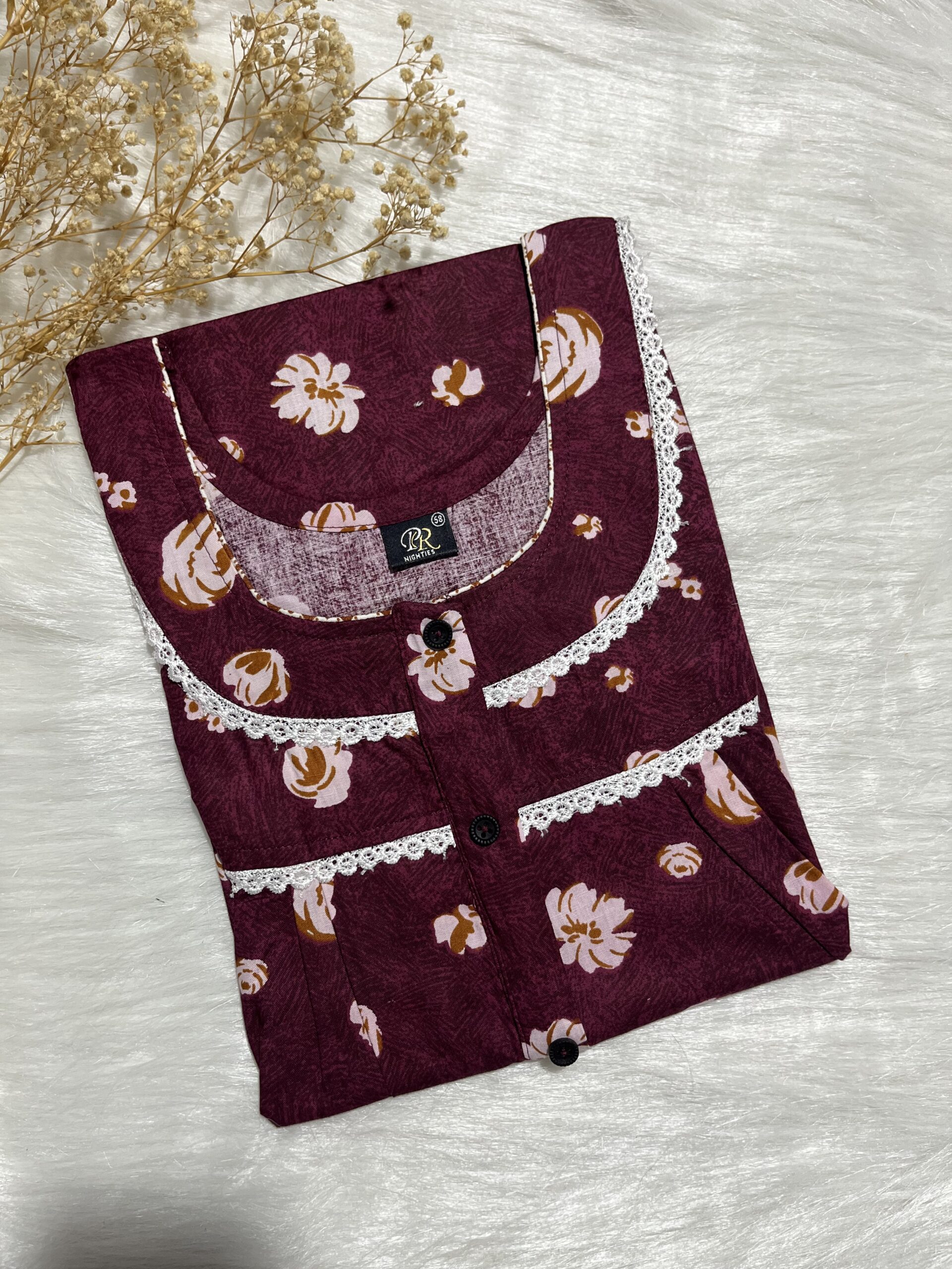 Cotton Pleated Double Lace Nighty With Zip - PR Nighties