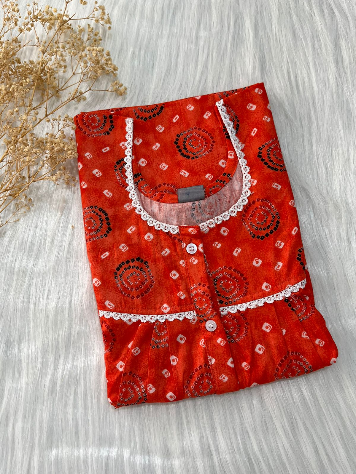 Cotton Round Neck Button Open Pleated Nighty With Lace - PR Nighties