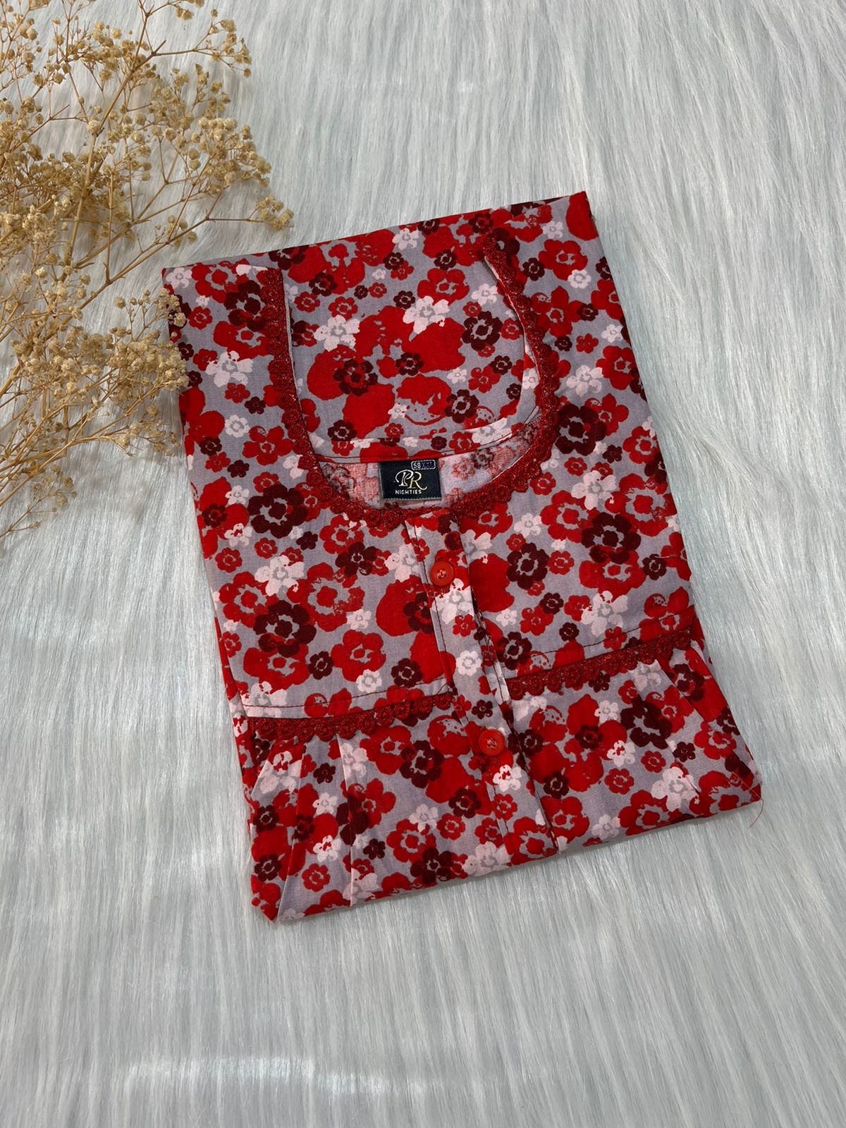 Cotton Round Neck Button Open Pleated Nighty With Lace - PR Nighties