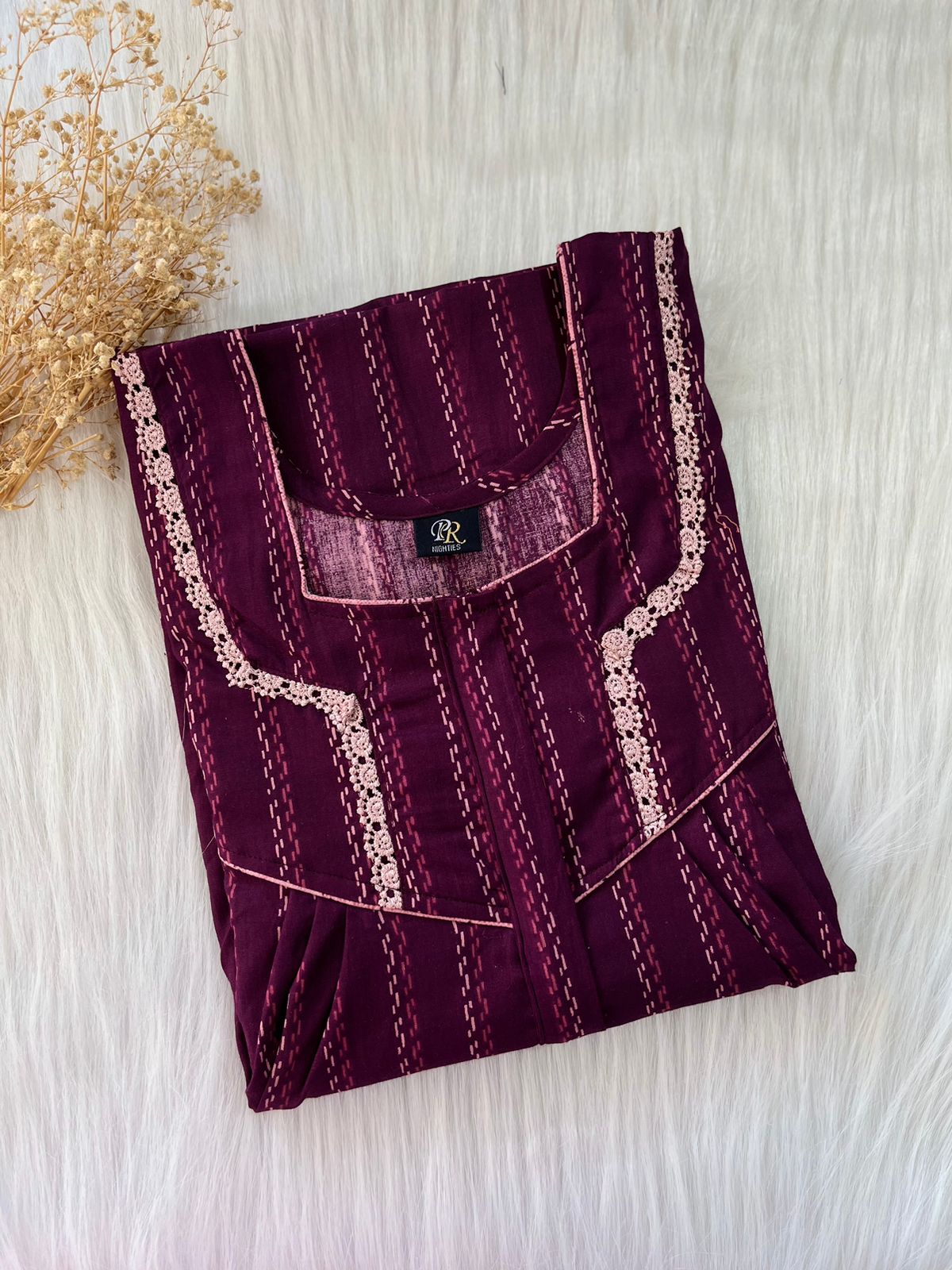 Square Neck Premium Cotton Pleated Nighty With Matching Lace And Centre ...