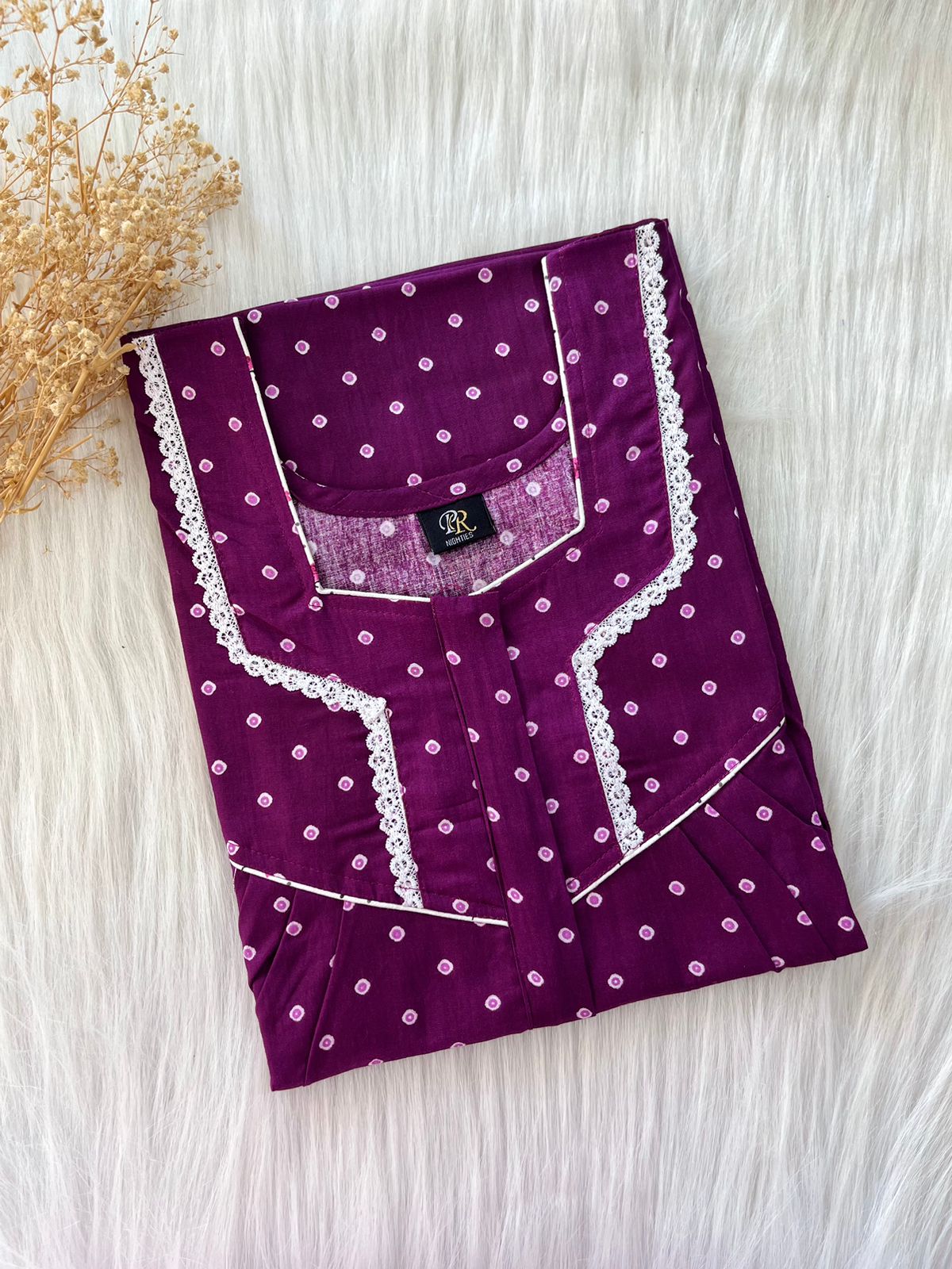 Square Neck Premium Cotton Pleated Nighty With Matching Lace And Centre ...