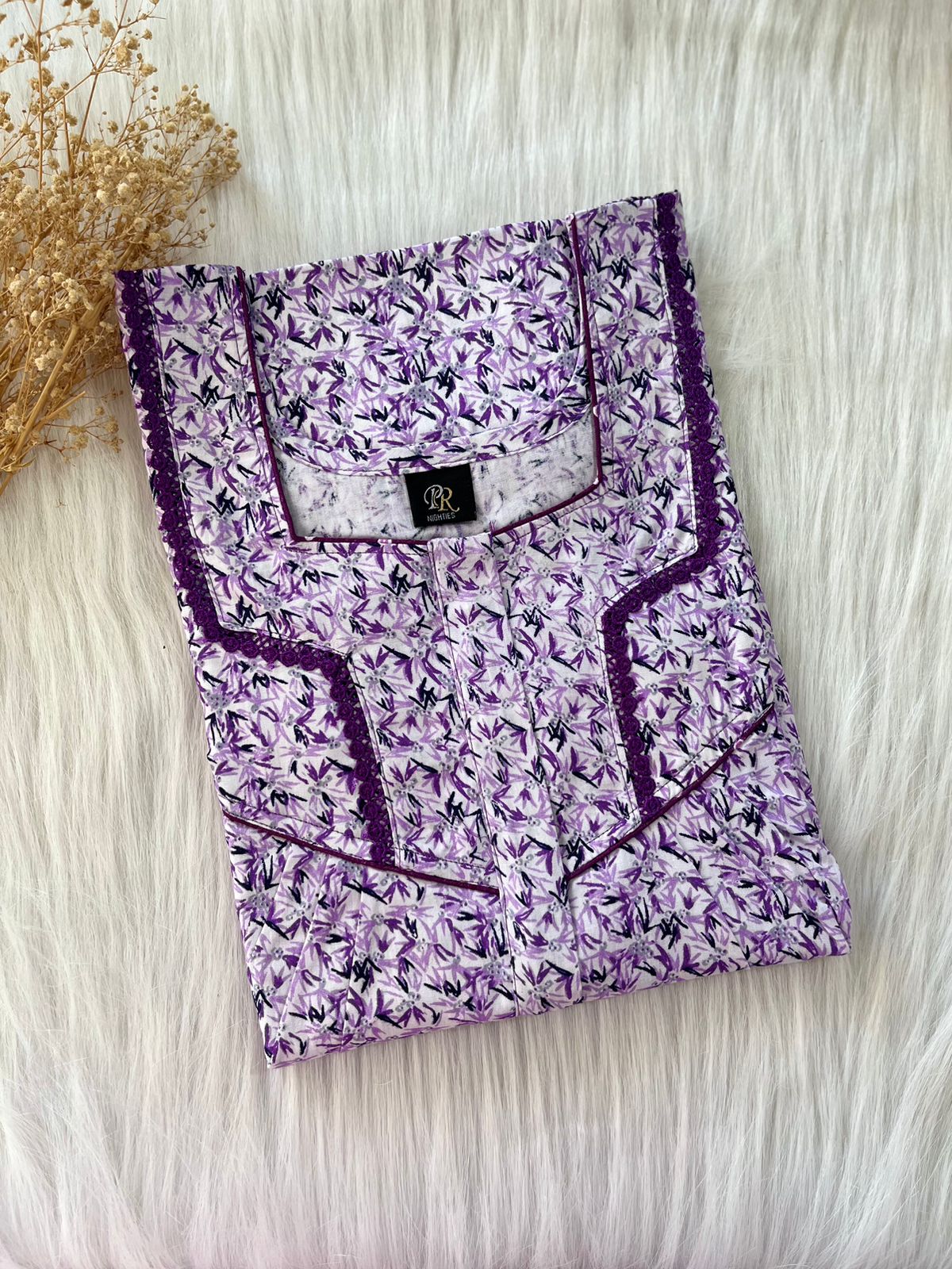 Square Neck Premium Cotton Pleated Nighty With Matching Lace And Centre ...