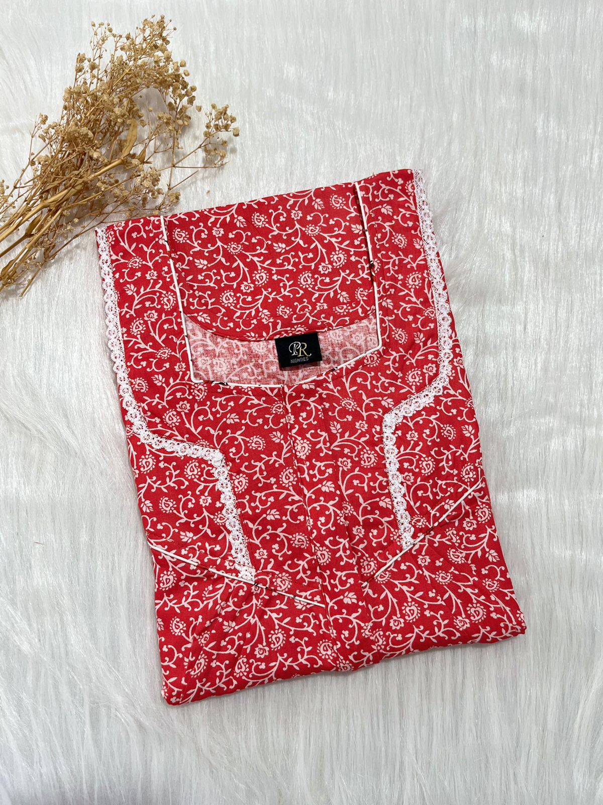 Square Neck Premium Cotton Pleated Nighty With Matching Lace And Centre ...