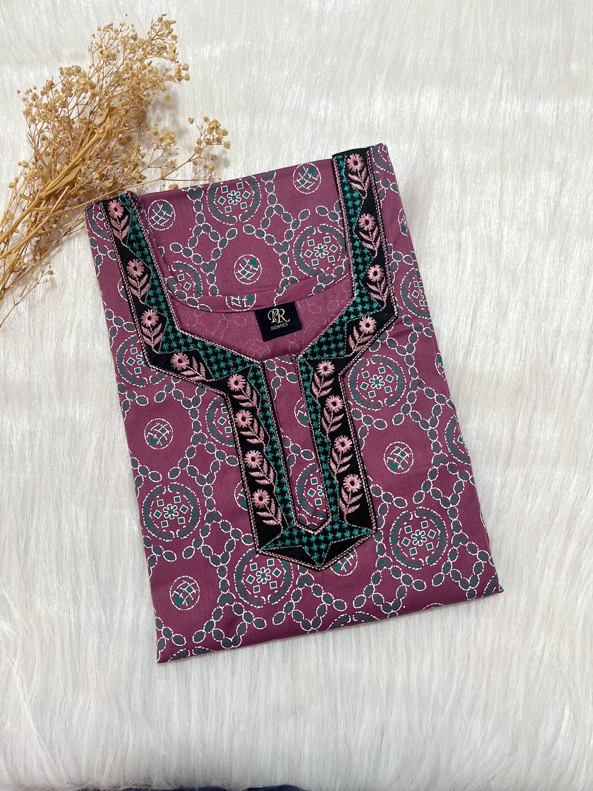 Neck Embroidery Cotton Churidar Cut Nighty - PR Nighties