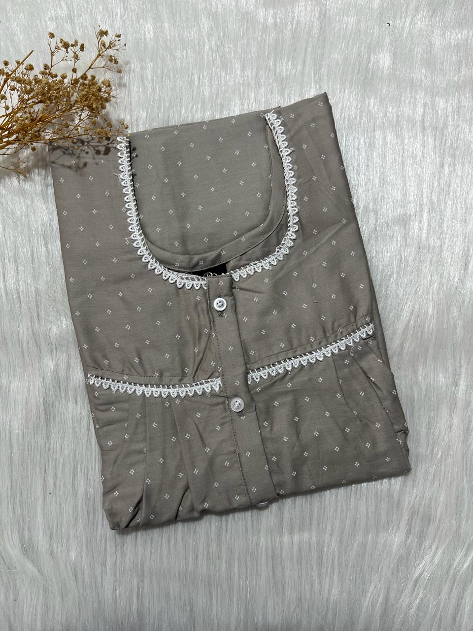 Pure Cotton Round Neck Button Open Pleated Nighty With Lace - PR Nighties