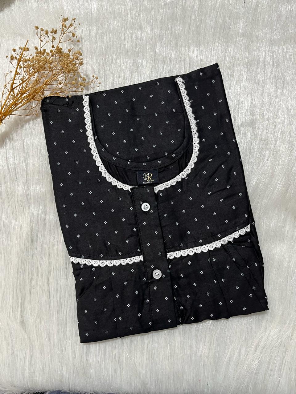 Pure Cotton Round Neck Button Open Pleated Nighty With Lace - PR Nighties