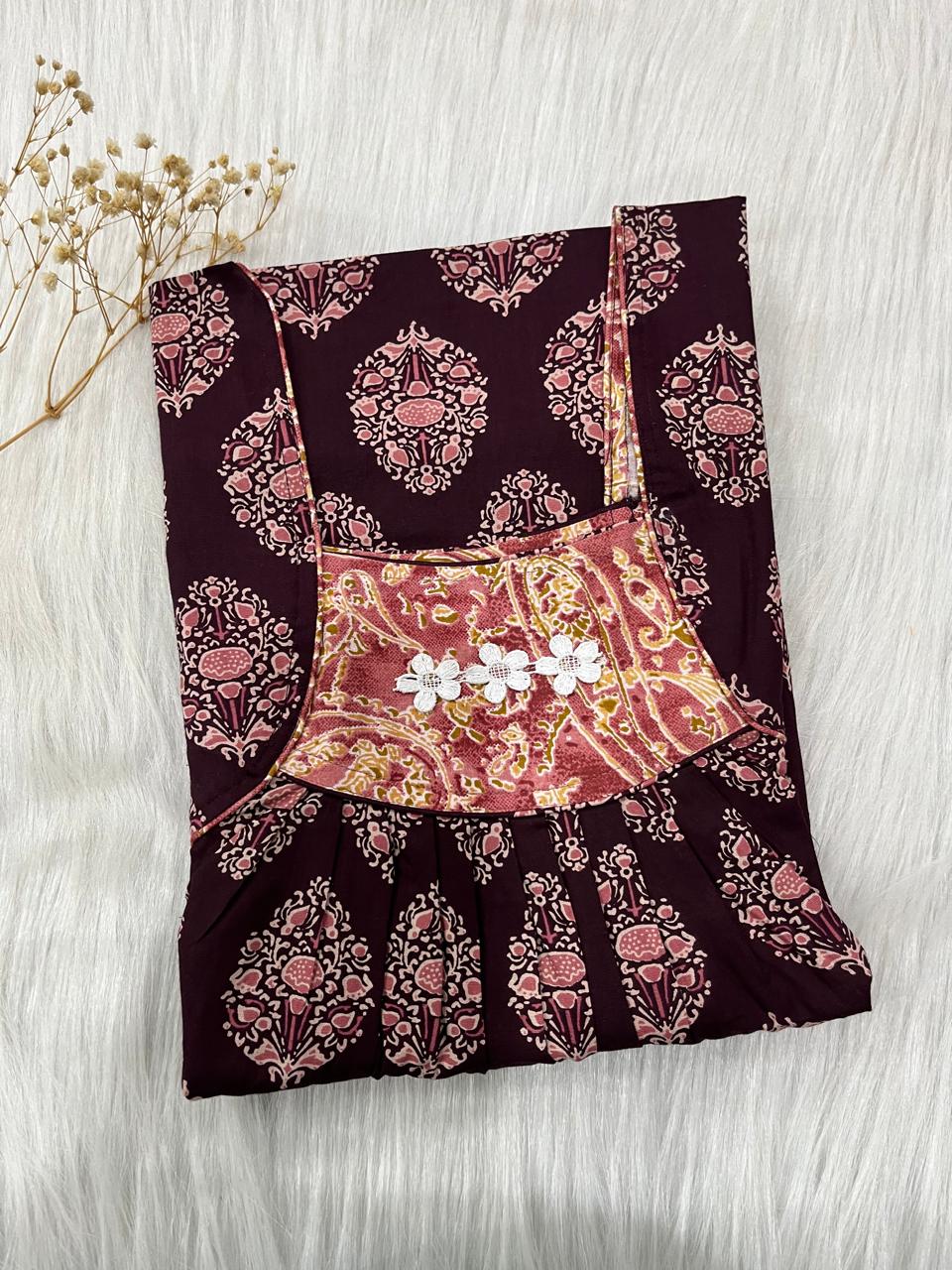 Three Flower Front and Back Pleated Cotton Nighty with Low Neck - PR ...